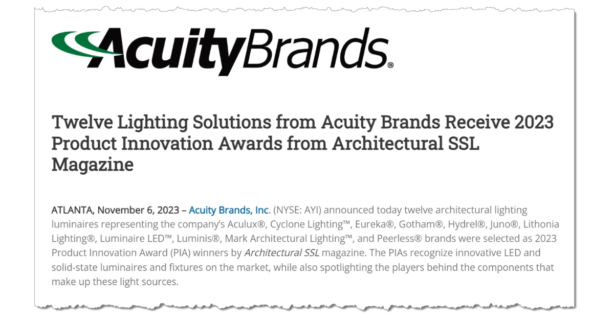 Twelve Lighting Solutions from Acuity Brands Receive 2023 Product Innovation Awards from ...